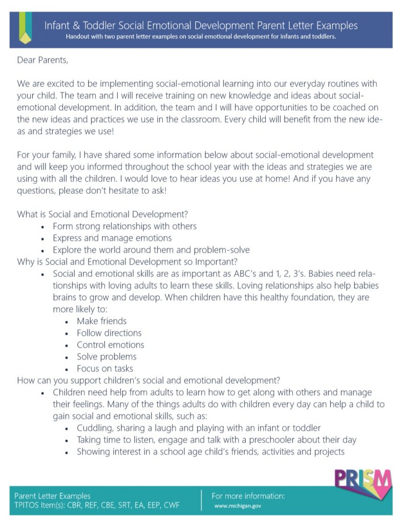 Infant & Toddler Social Emotional Development Parent Letter Examples ...