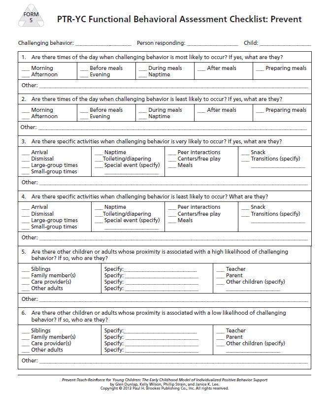 PTR YC Functional Behavioral Assessment Checklist Prevent PRISM