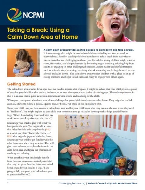 NCPMI Taking a Break: Using a Calm Down Area at Home - PRISM
